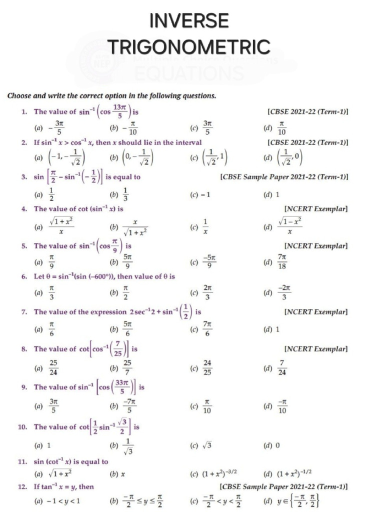 Inverse Trigo MCQ Answers | PDF