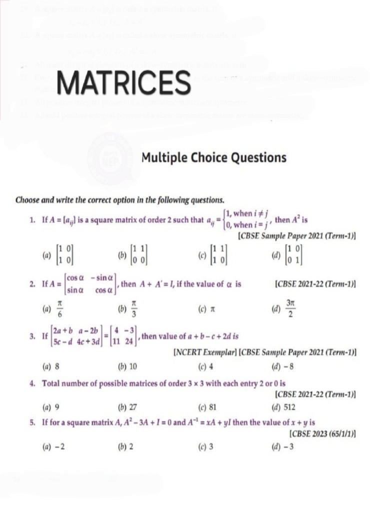 Matrices and Determinants MCQ | PDF