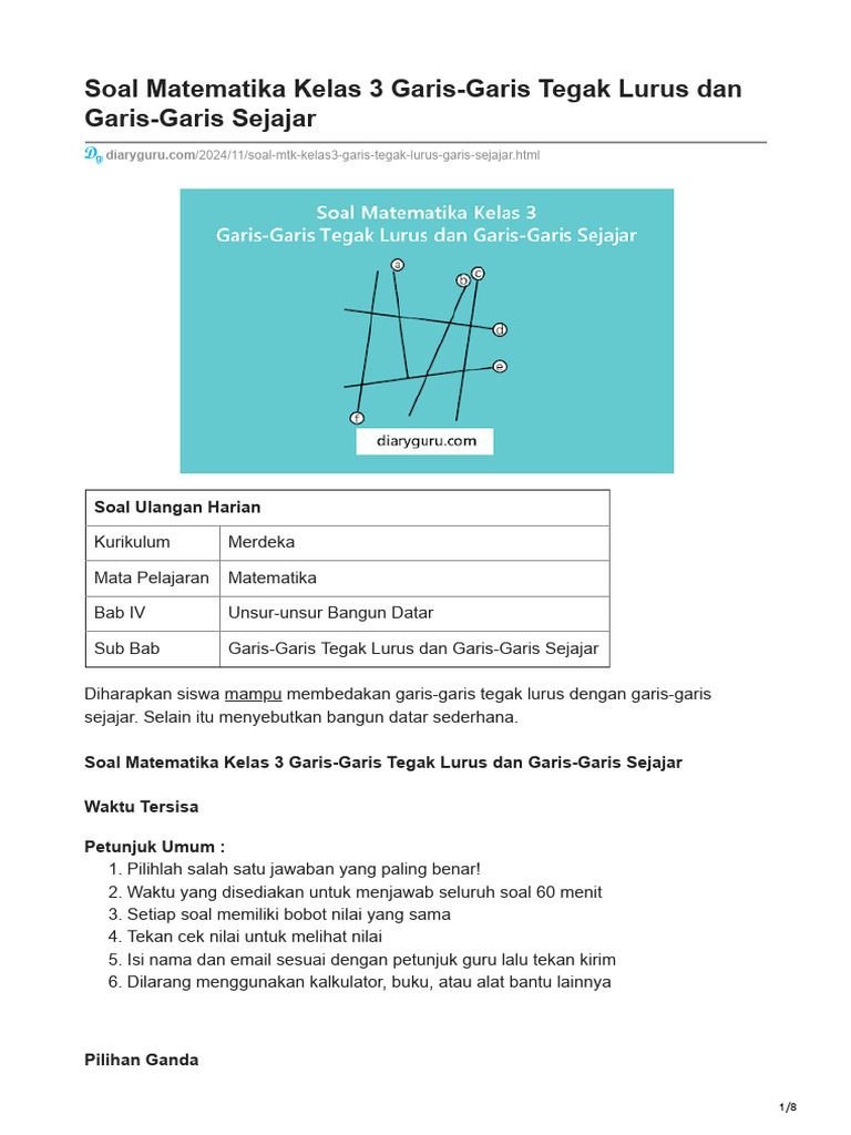 Soal Garis Tegak Lurus Kelas 3 SD | PDF