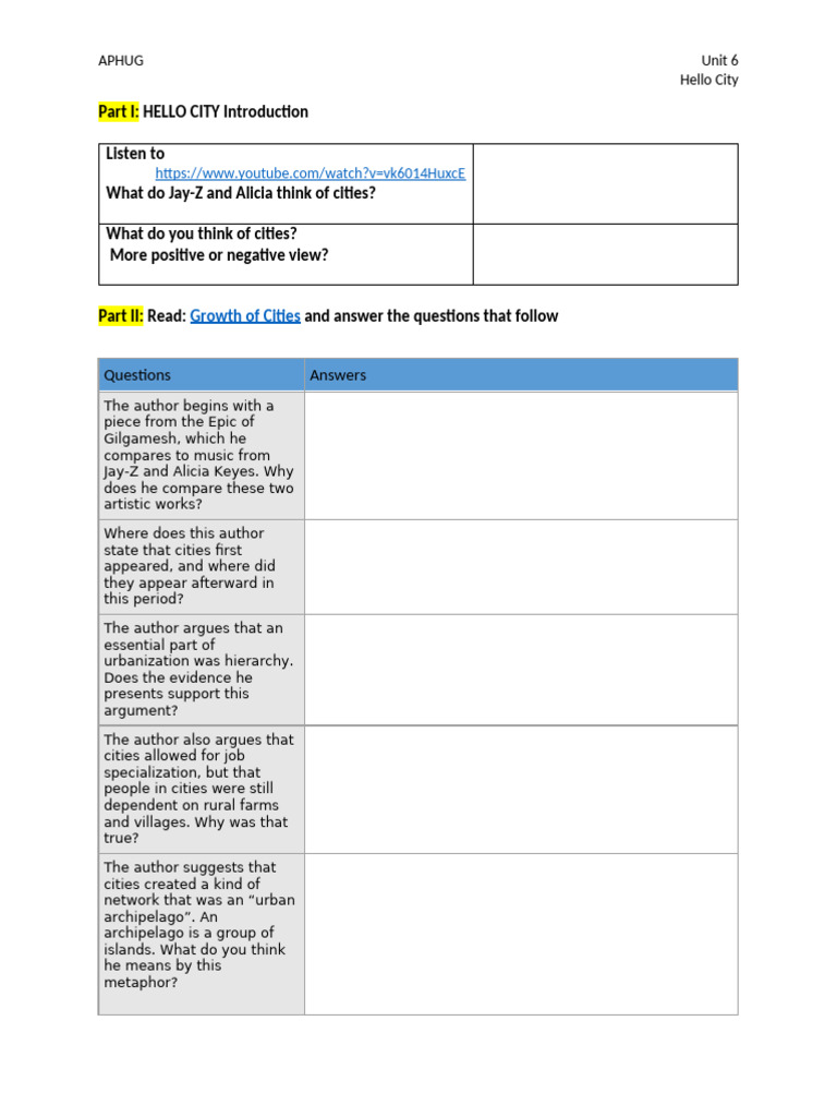 Hello City Activity | PDF