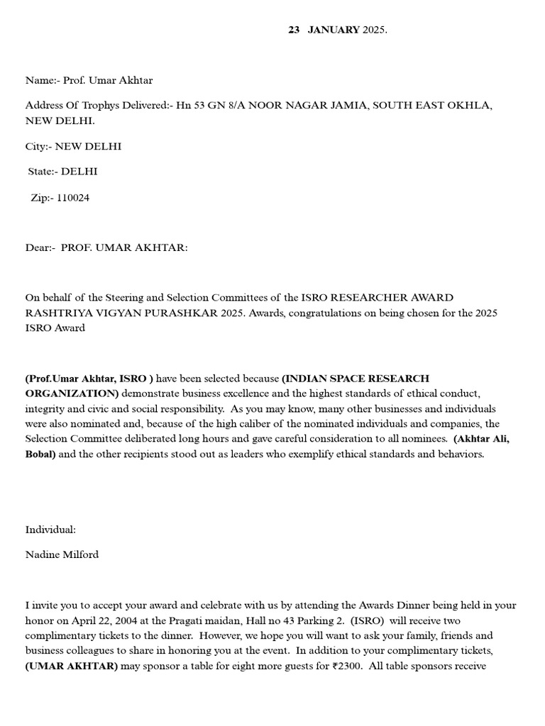 Congratulations Letter For Award | PDF