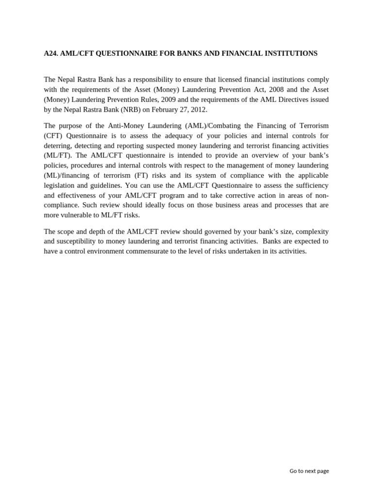 AML CFT Reporting Format-Banks Self-Assessment Questionnaire | PDF ...