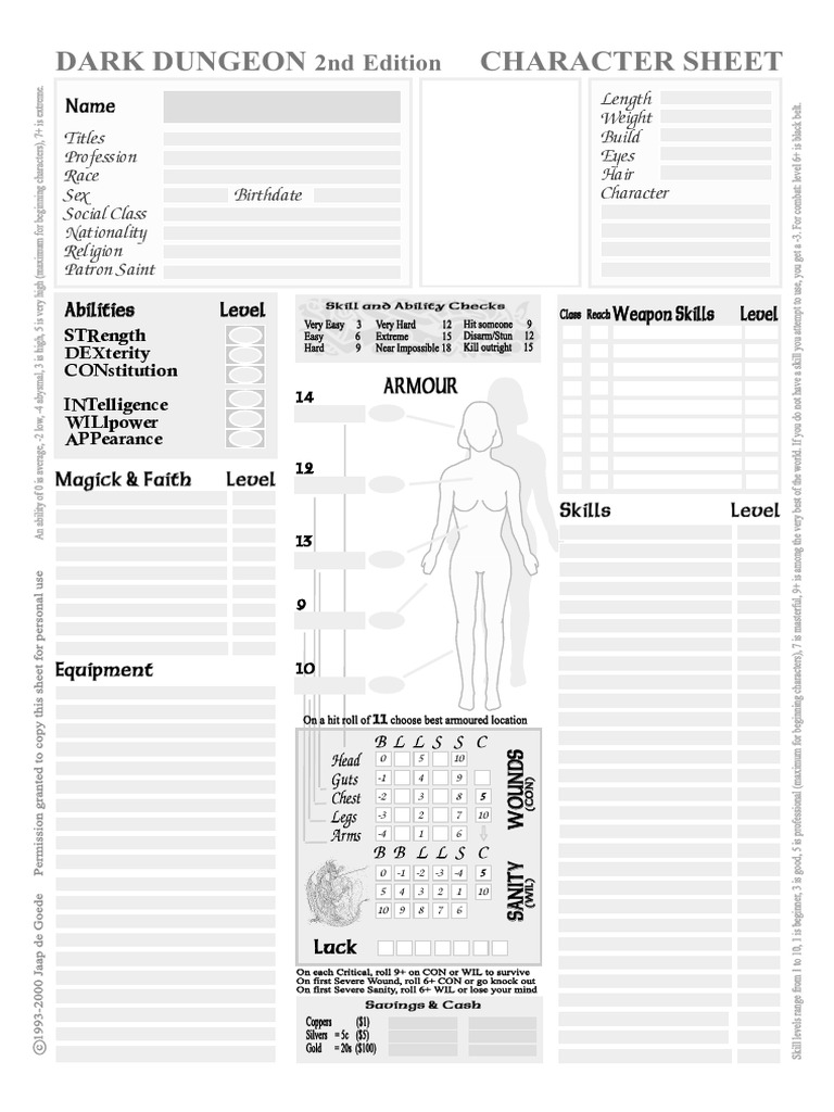Dark Dungeon Character Sheet - Female | PDF | Storytelling | Role Playing