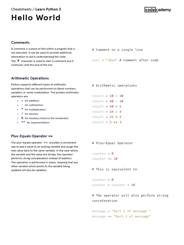 Learn Python 3_ Hello World Cheatsheet _ Codecademy | PDF | Numbers | Parameter (Computer ...