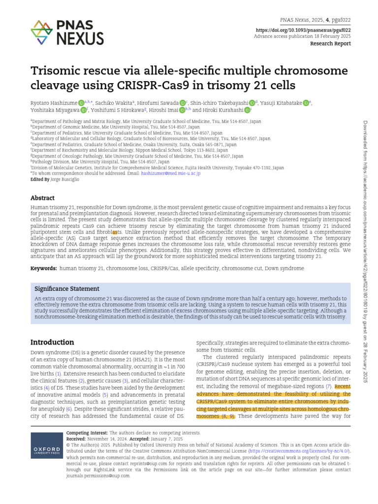 Trisomic rescue via allele-specific multiple chromosome cleavage using CRISPR-Cas9 in trisomy 21 ...