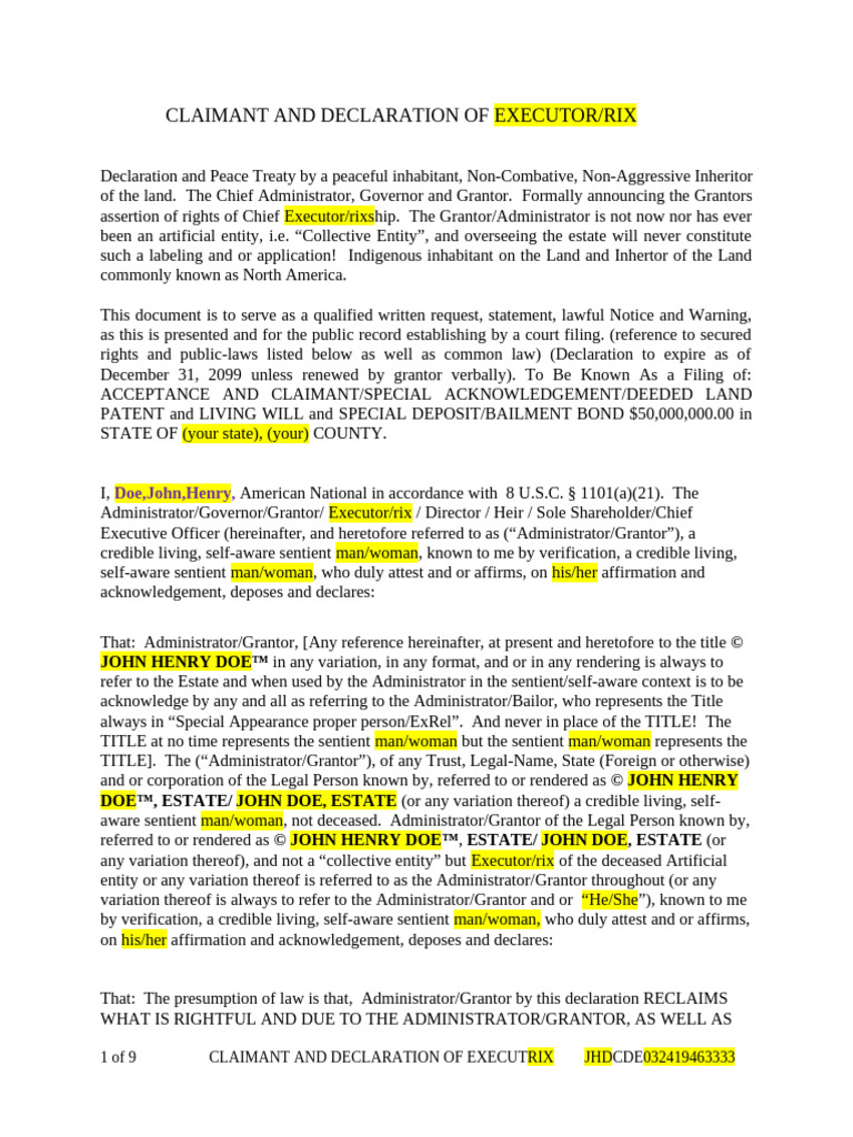 Claimant Declaration of Executor Rights | PDF | Fiduciary | Notary Public