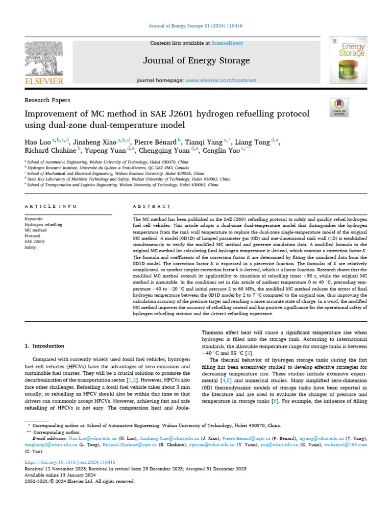 Improvement of MC Method in SAE J2601 Hydrogen Refuelling Protocol ...