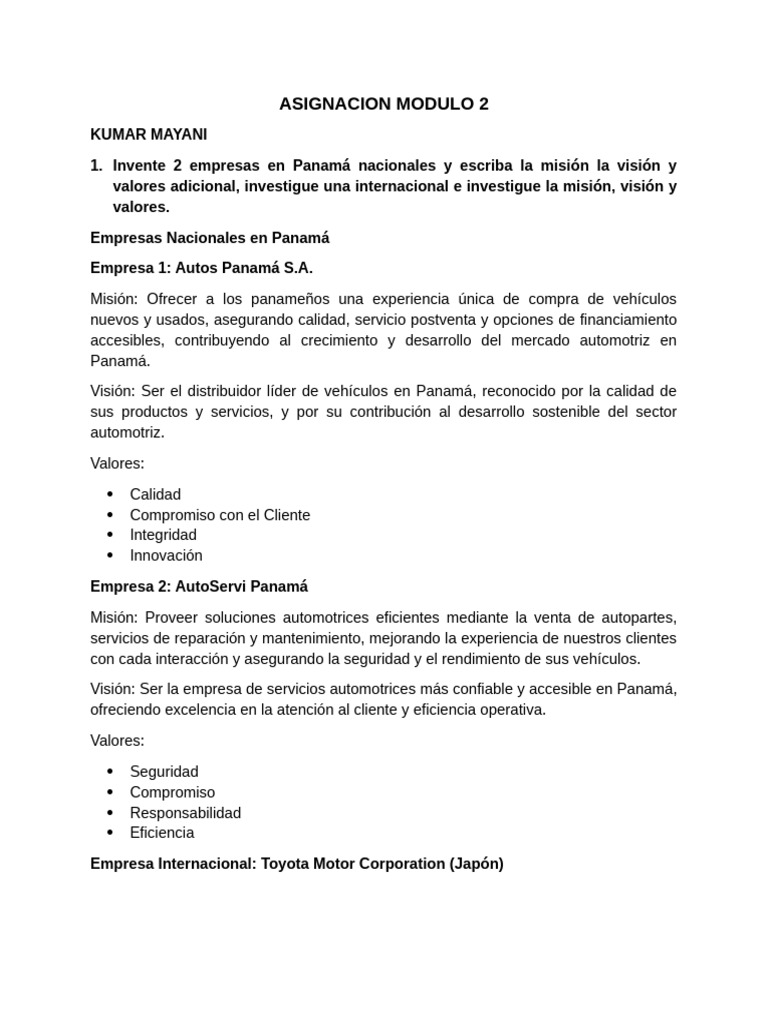 ASIGNACION MODULO 2 Kumar Mayani | PDF | Industria automotriz | Negocios Internacionales