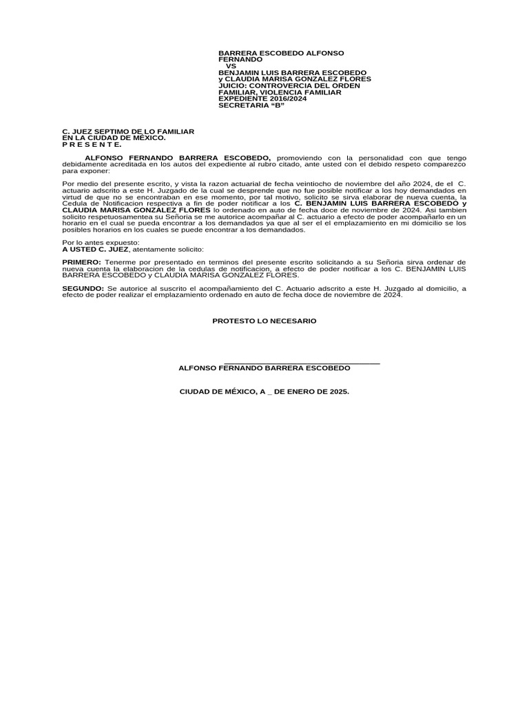 Escrito Solicitando Nueva Cedula de Notificacion y Acompa Amiento Barrera Escobedo | PDF