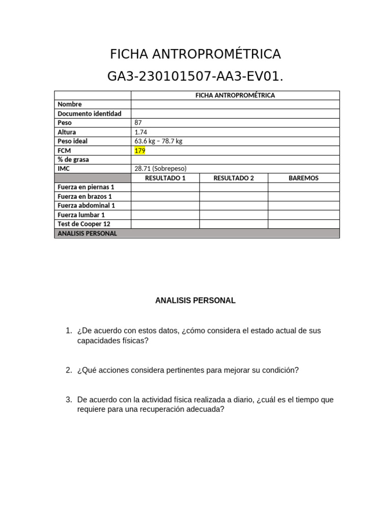 Ficha Antropometrica Ga3 230101507 Aa3 Ev01. | PDF