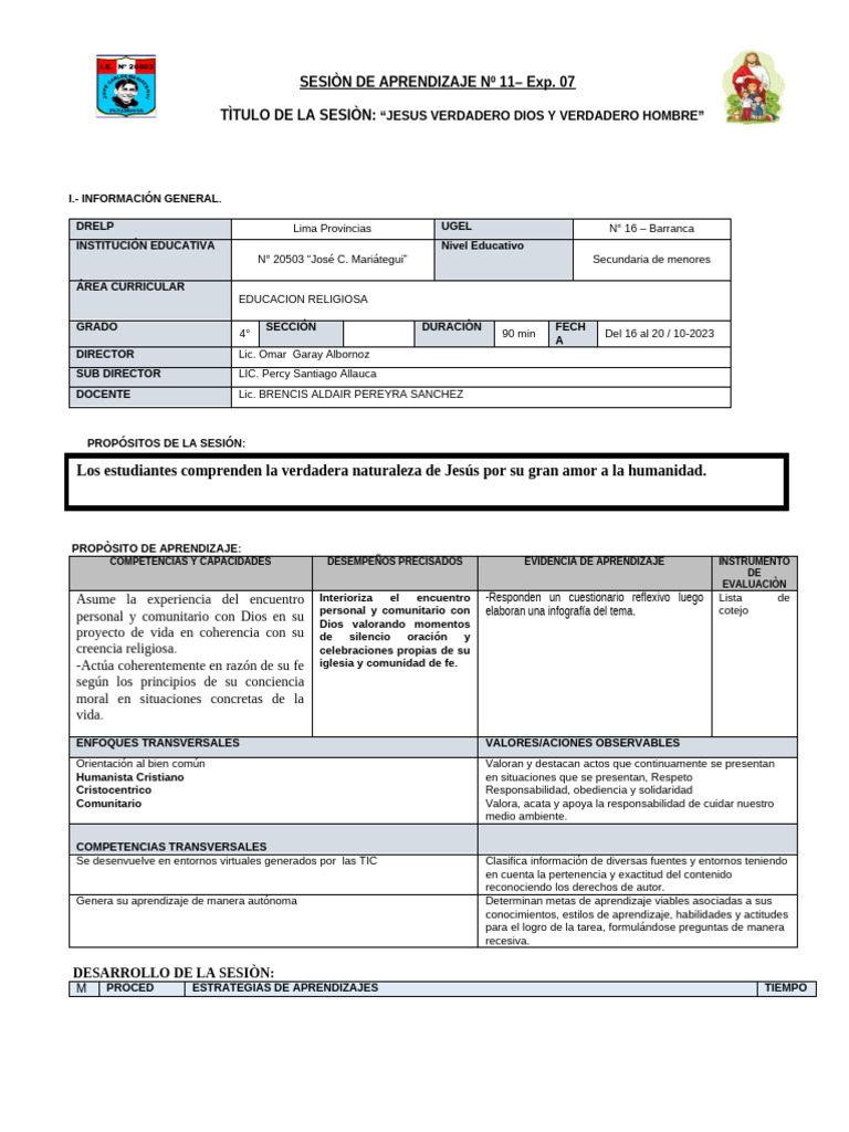 2023 Sesion 4°-Jesús Verdadero Dios y Verdaero Hombre - Geb. | PDF | Aprendizaje | Evaluación