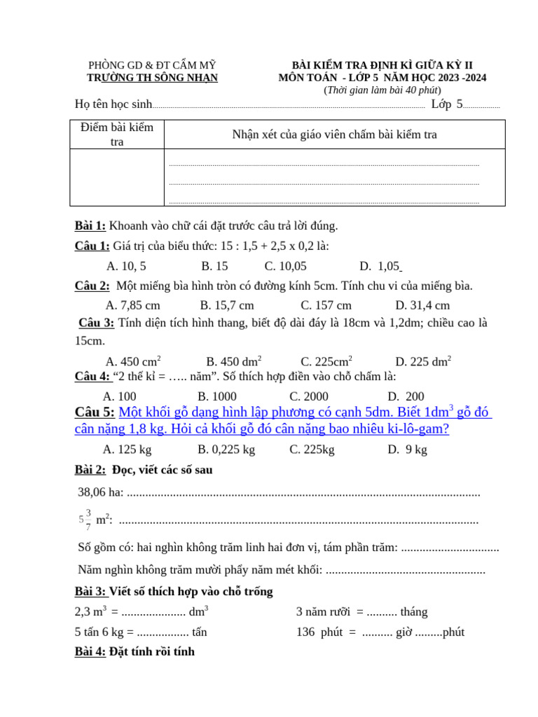 DE TOAN LOP 5 GIUA KY 2 NH 20232024 | PDF