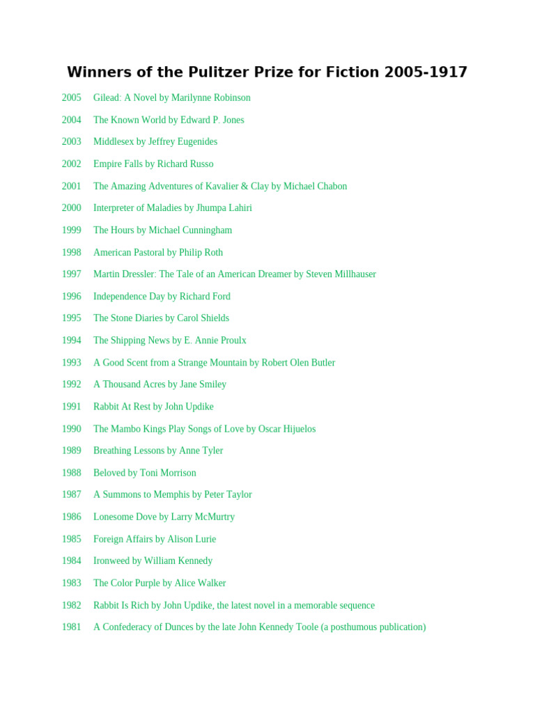 Winners of The Pulitzer Prize For Fiction 2005 | PDF | Novels | English ...