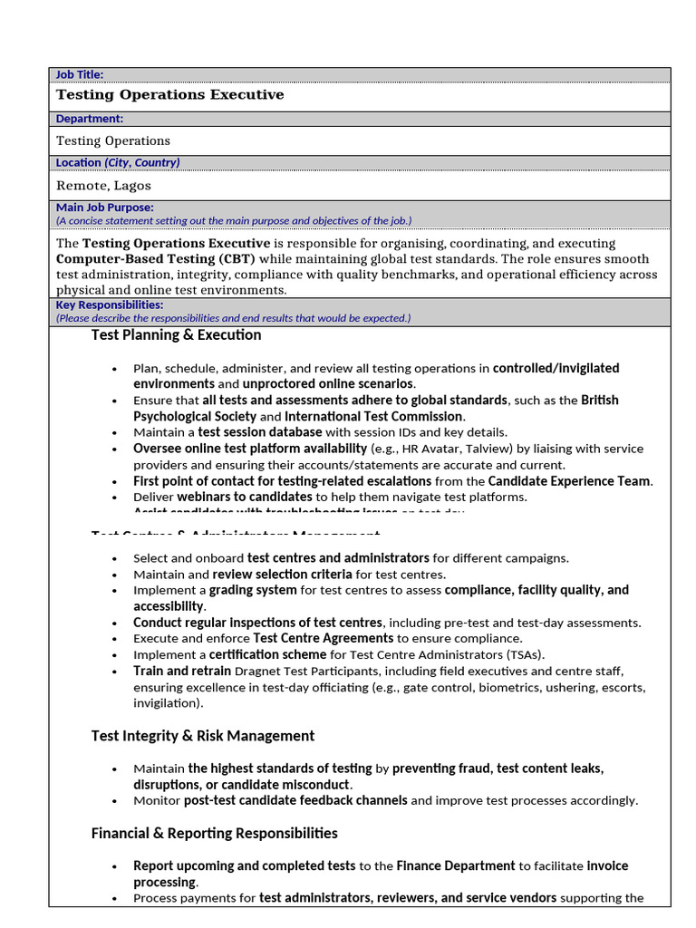 Testing Operations Executive - Job Description | PDF | Regulatory ...