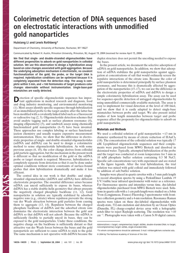 Colorimetric Detection of DNA Sequences Based On Electrostatic Interactions With Unmodified Gold ...
