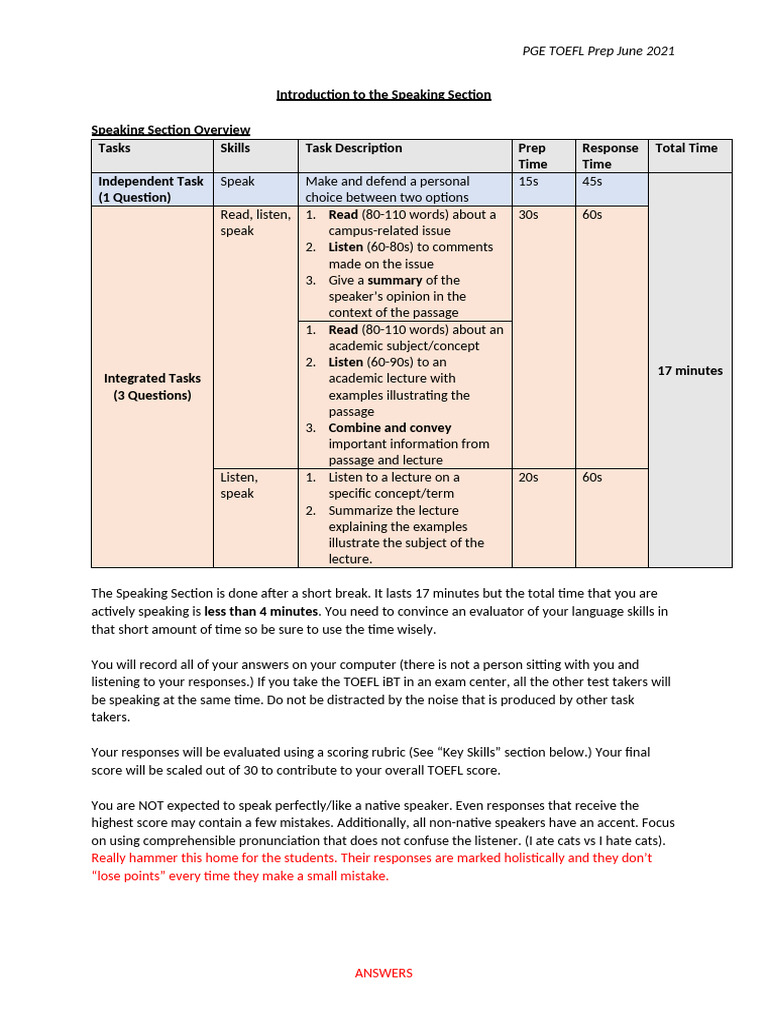 Speaking Section Introduction ANSWERS | PDF | Nonverbal Communication ...
