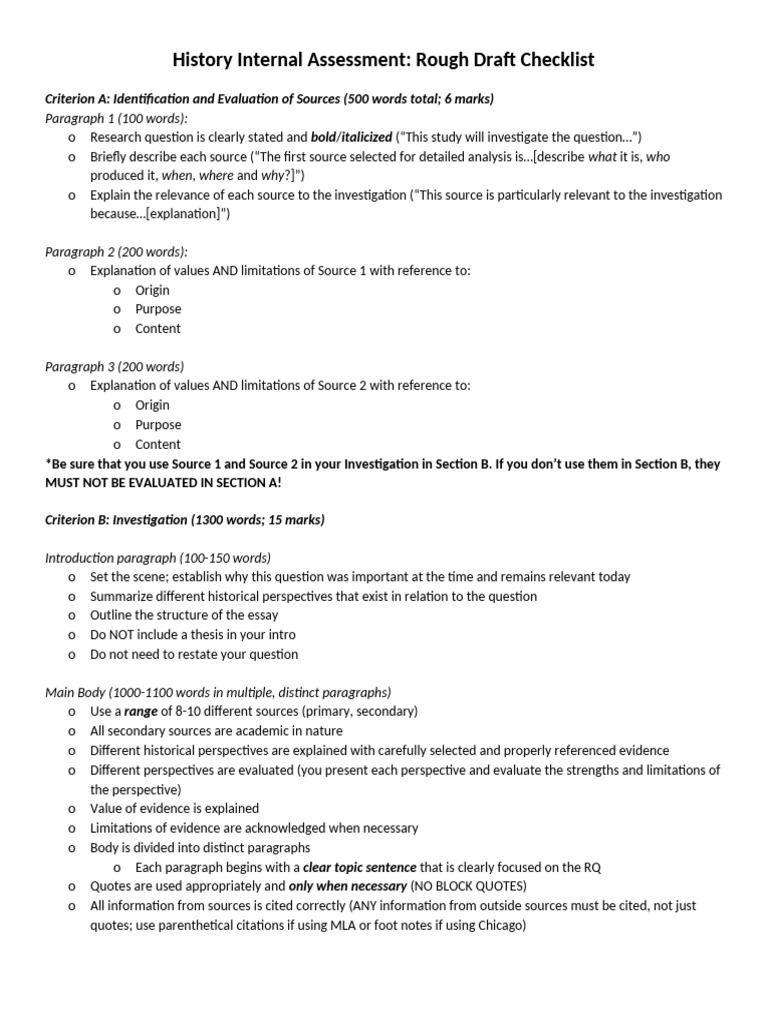 History IA Rough Draft Checklist | PDF | Citation | Methodology