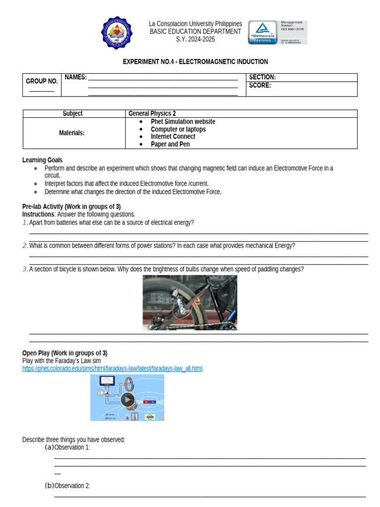 Electromagnetic Induction Activity Sheet | PDF | Inductor ...