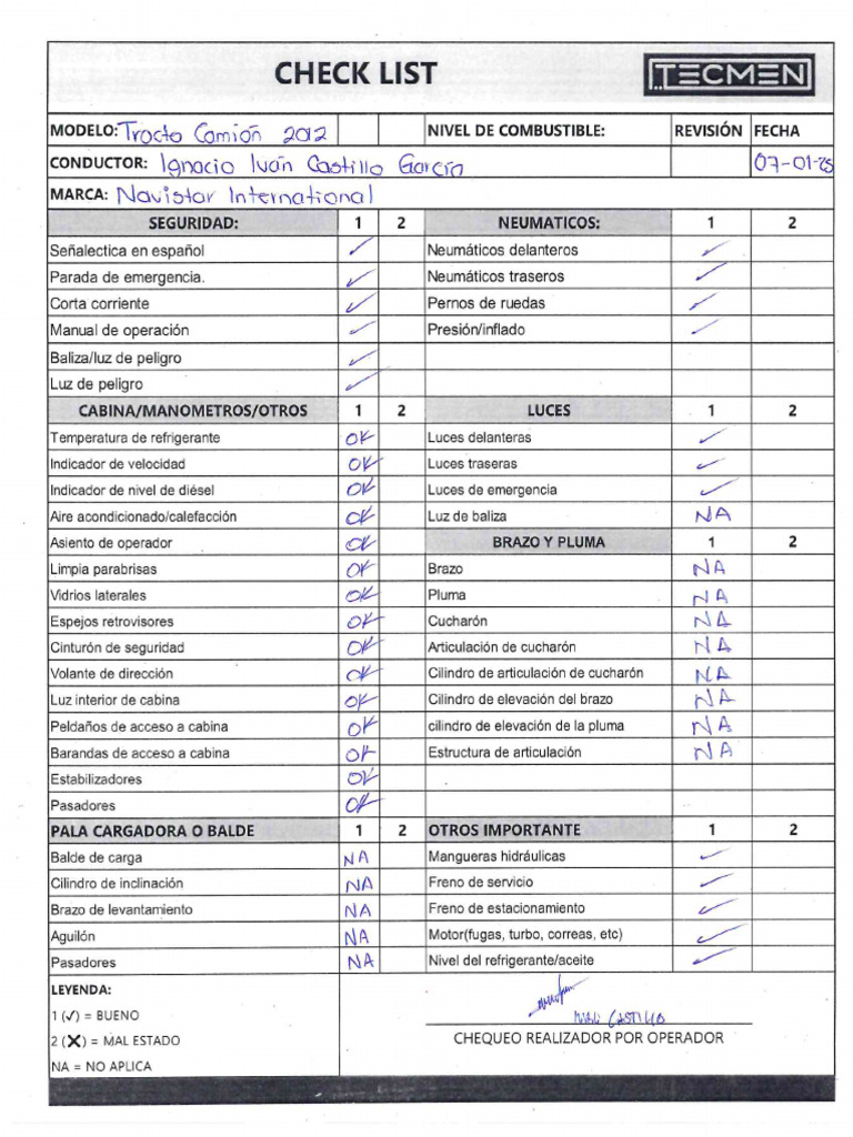Check List Tracto Camion 07-01-25 | PDF