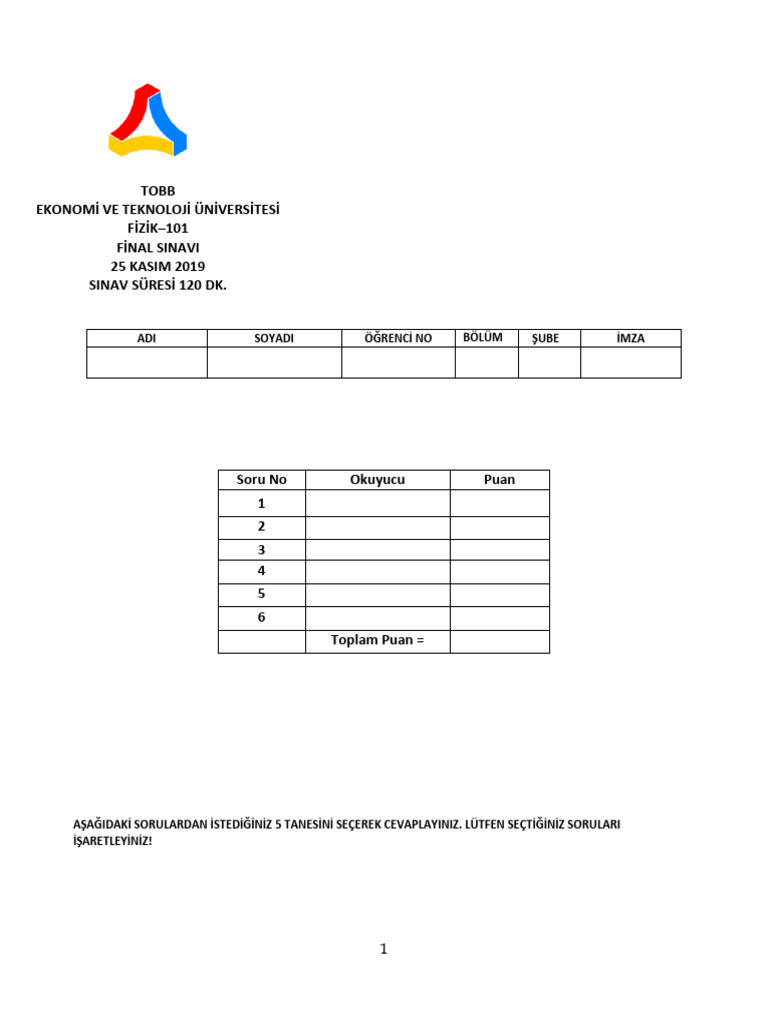 Fiz101 Final 2019 | PDF