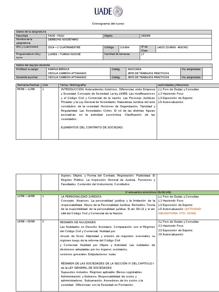 Cronograma DERECHO SOCIETARIO - 2C 2024 | PDF | Sociedad de ...