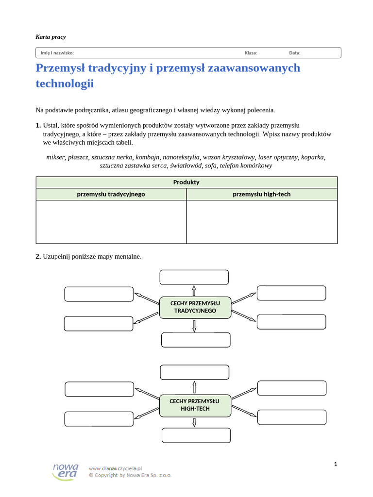 Przemysl Tradycyjny I Przemysl Zaawansowanych Technologii Karta Pracy | PDF