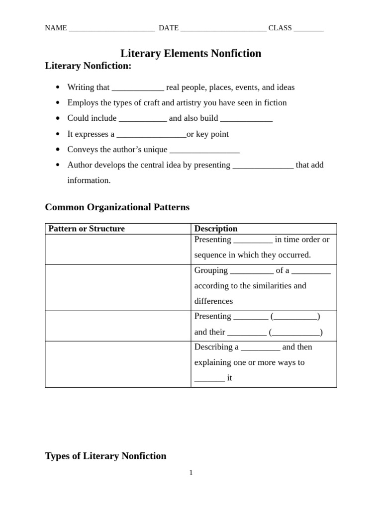 Fillable Outline Literary Elements Nonfiction | PDF | Paragraph | Non ...