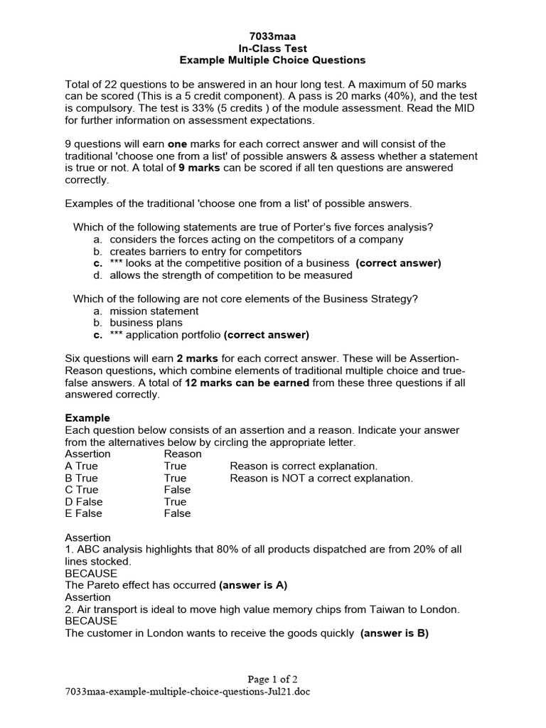 7033maa Example Multiple Choice Questions Jul21 | PDF | Multiple Choice