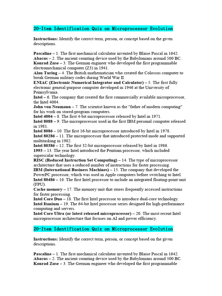 Microprocessor Evolution Quiz: 20 Items | PDF | Central Processing Unit | Intel