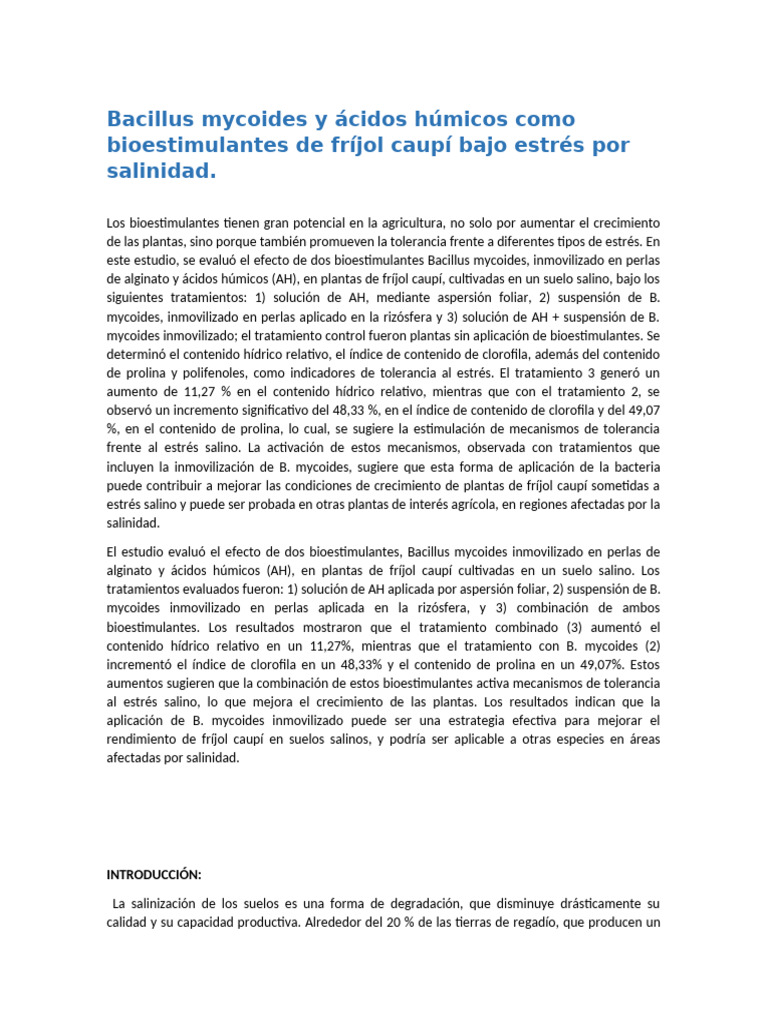Bacillus Mycoides y Ácidos Húmicos Como Bioestimulantes de Fríjol Caupí ...