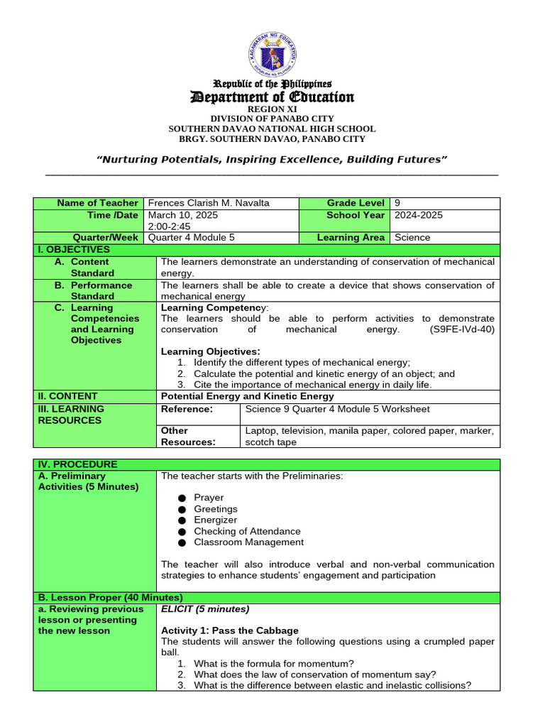 Sci 9 Quarter 4 Module 5 - Mechanical Energy | PDF | Potential Energy ...