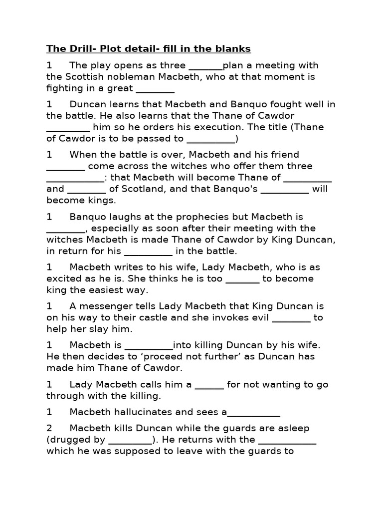 Plot Drill Gap Fill Macbeth | PDF | Macbeth | Shakespearean Tragedies