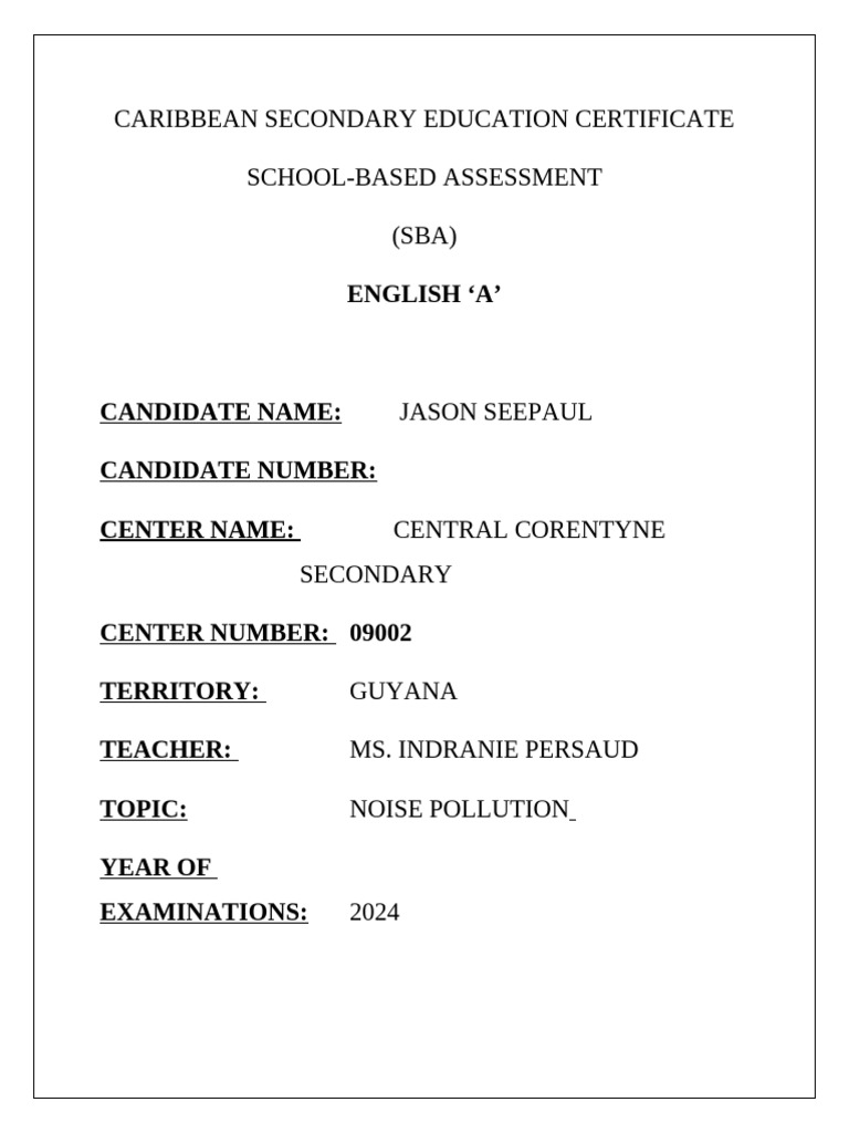JR English Sba - Noise Pollution | PDF | Noise | Pollution