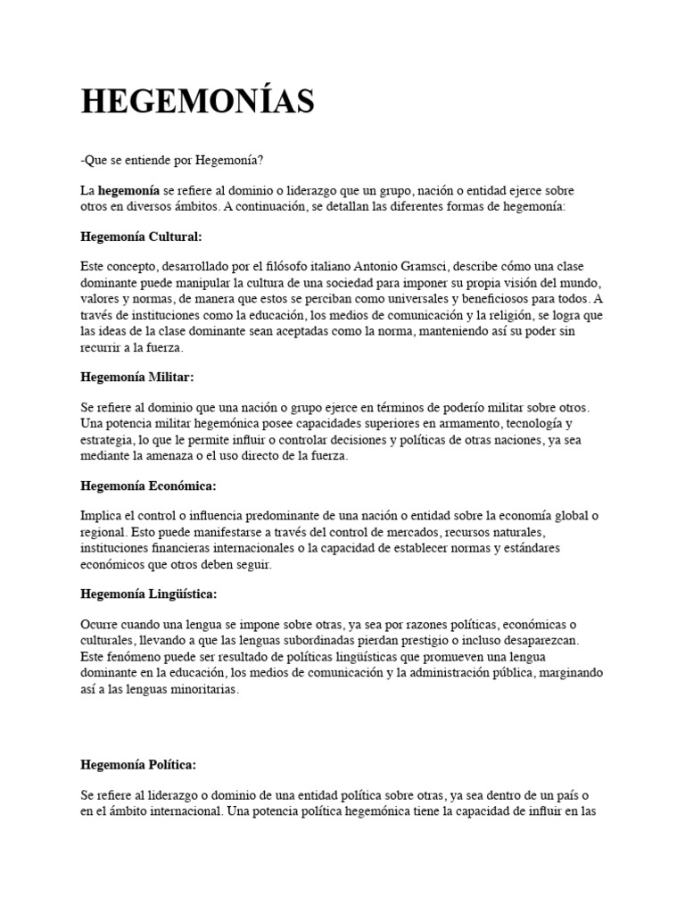 Tipos de Hegemonía y Ejemplos | PDF | Hegemonía | Educación en artes ...
