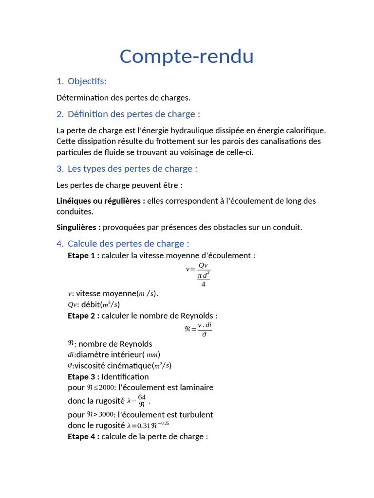 Calcul et Types de Pertes de Charge | PDF | Nombre de Reynolds ...