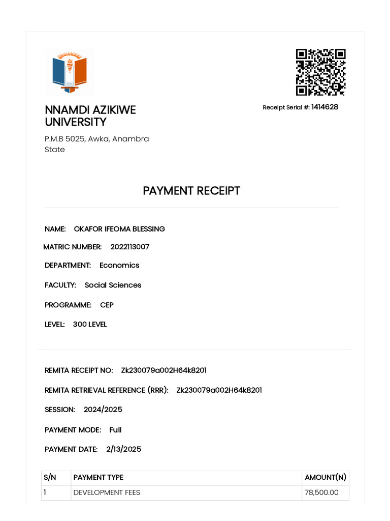 Myedu - Unizik.edu - NG Common Credential Receipt Pmid 1414628 | PDF