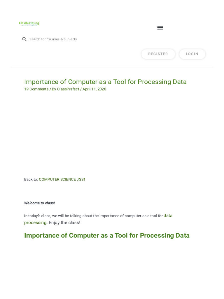 Importance of Computer As A Tool For Processing Data - ClassNo | PDF | Data Processing | Information