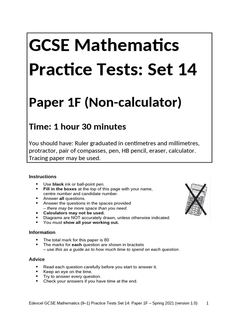 Practice Tests Set 14 - Paper 1F - QP - GCSE Maths 1MA1 | PDF | Mathematics