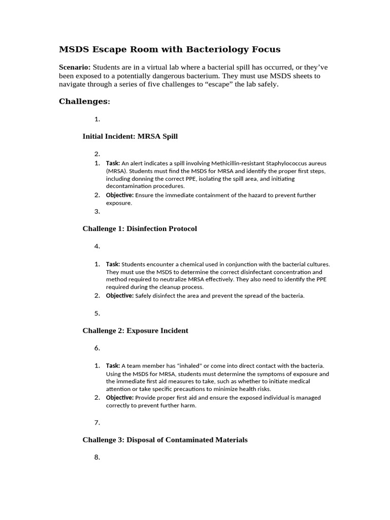MSDS Escape Room With Bacteriology Focus | PDF | Safety | Microbiology