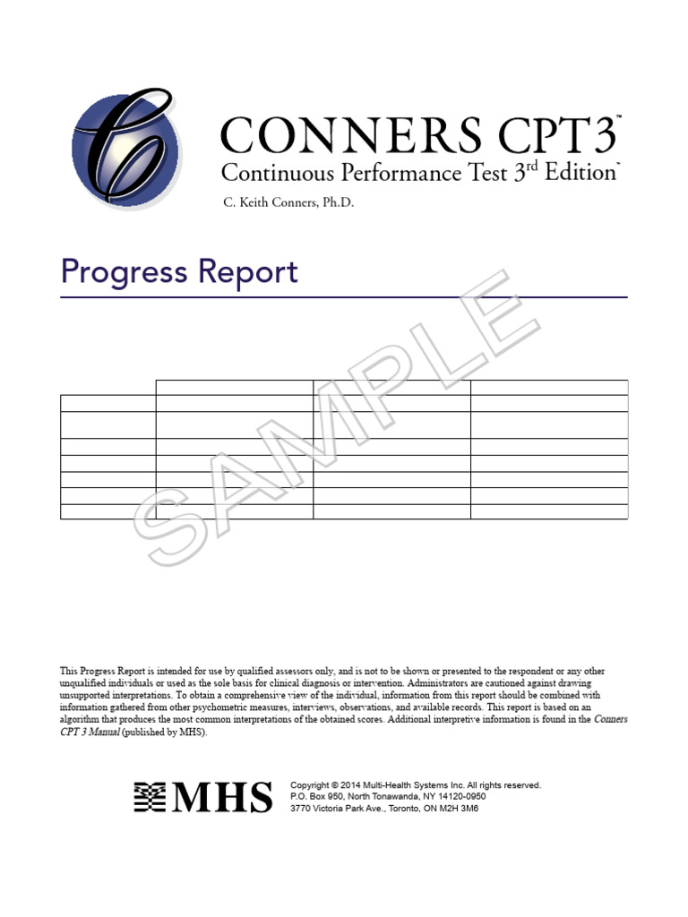 Conners CPT 3 Progress Sample Report | PDF | Standard Score | Attention ...