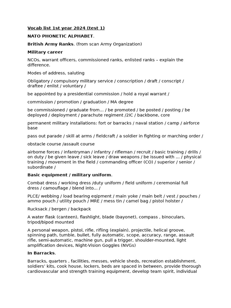 Military Vocabulary Guide 2024 | PDF | Military | Military Science