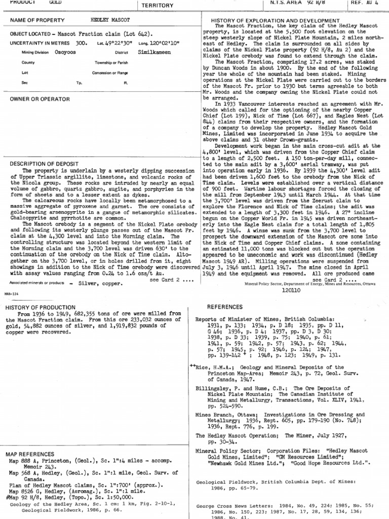 Hedley Mascot Gold Mine Overview | PDF | Ore | Mining
