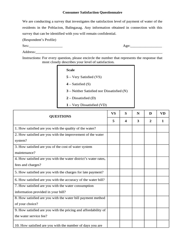 Consumer Satisfaction Questionnaire 1 | PDF | Customer Satisfaction ...