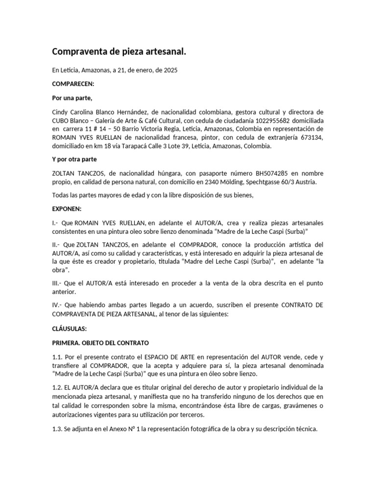 Compraventa de obra artesanal en Colombia | PDF