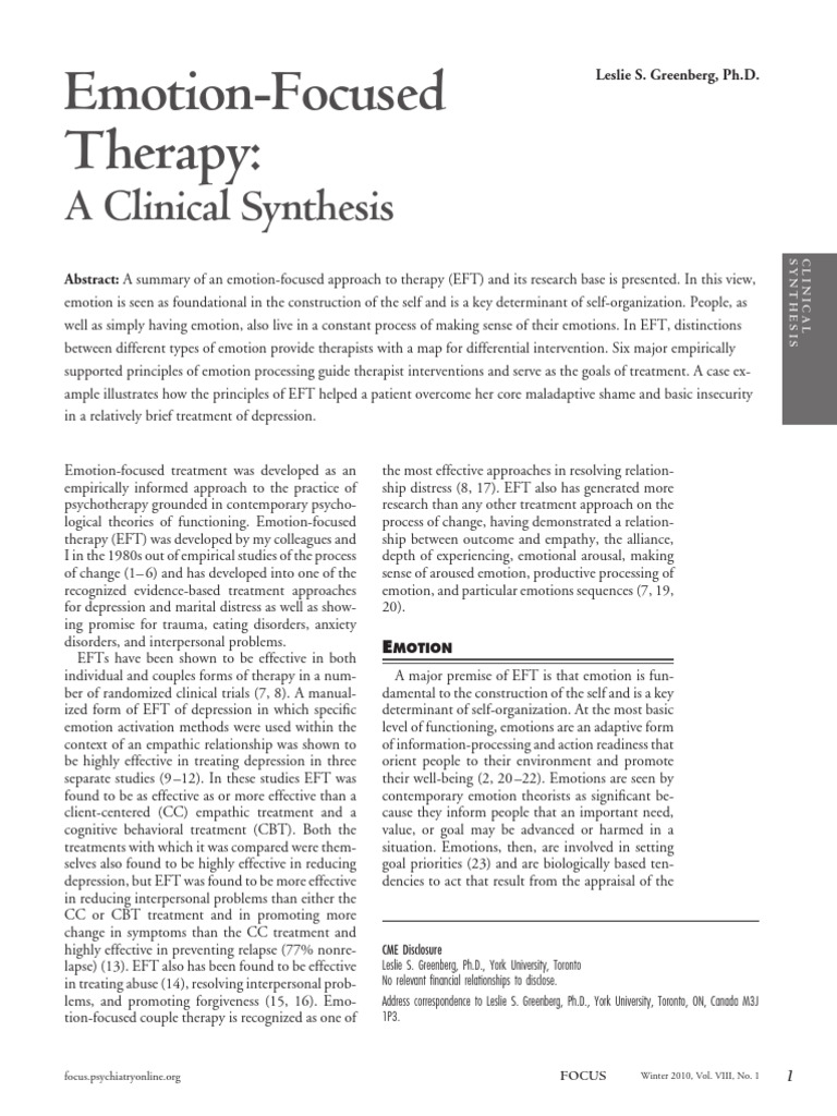 Greenberg2010 EFT Clinical Synthesis | PDF | Emotions | Psychotherapy