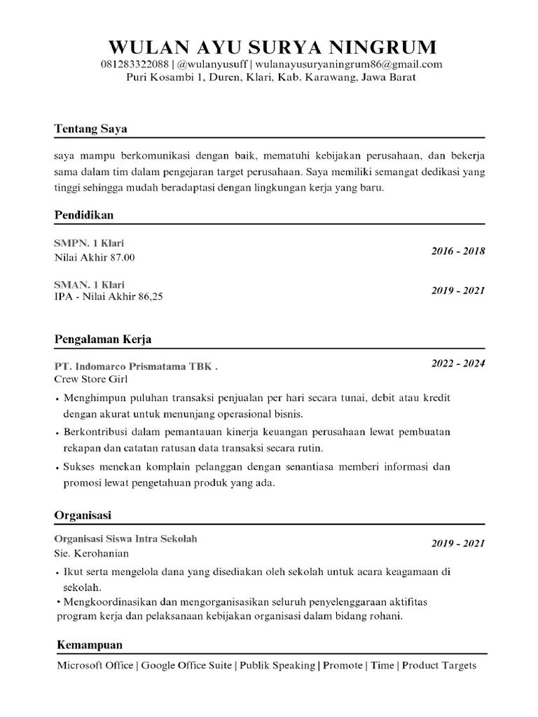 CV - Wulan Ayu Surya Ningrum | PDF