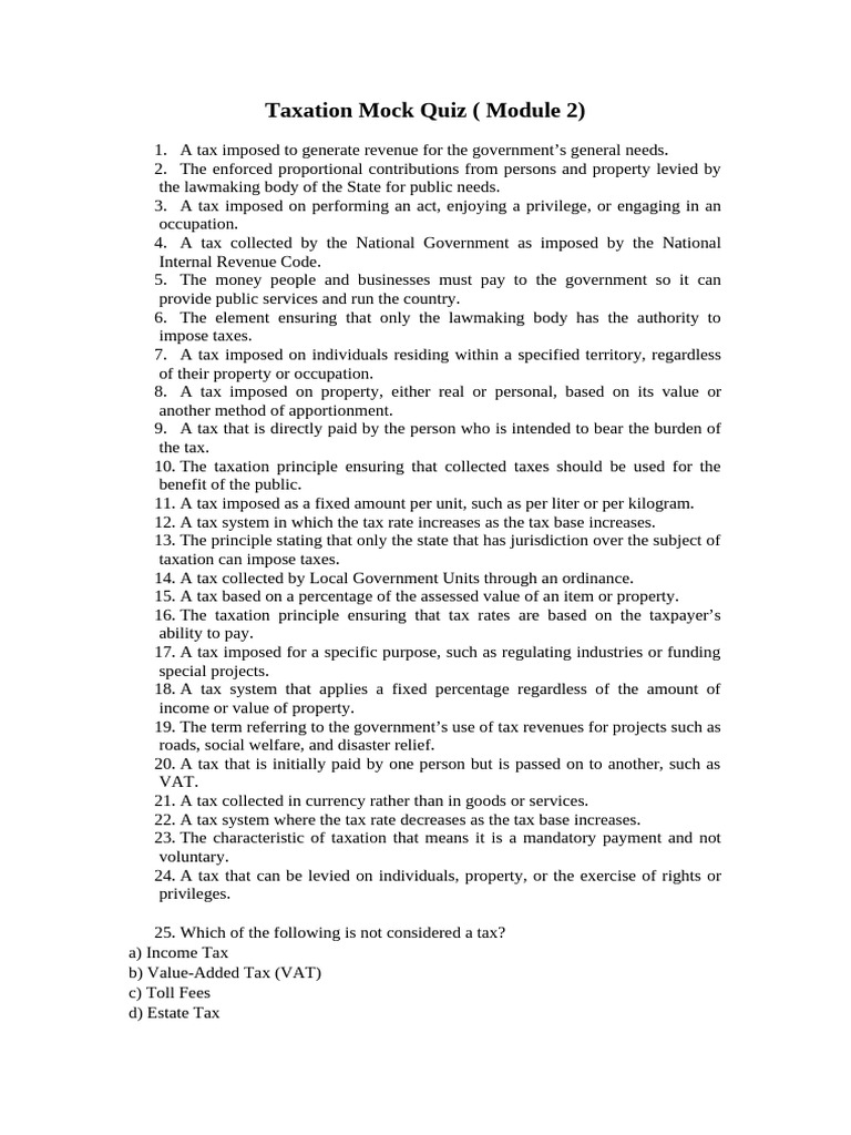 Taxation-Mock-Quiz | PDF | Taxes | Taxation In The United States