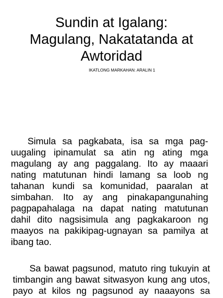 Unang Aralin - Sundin at Igalang - Magulang Nakatatanda at Awtoridad | PDF