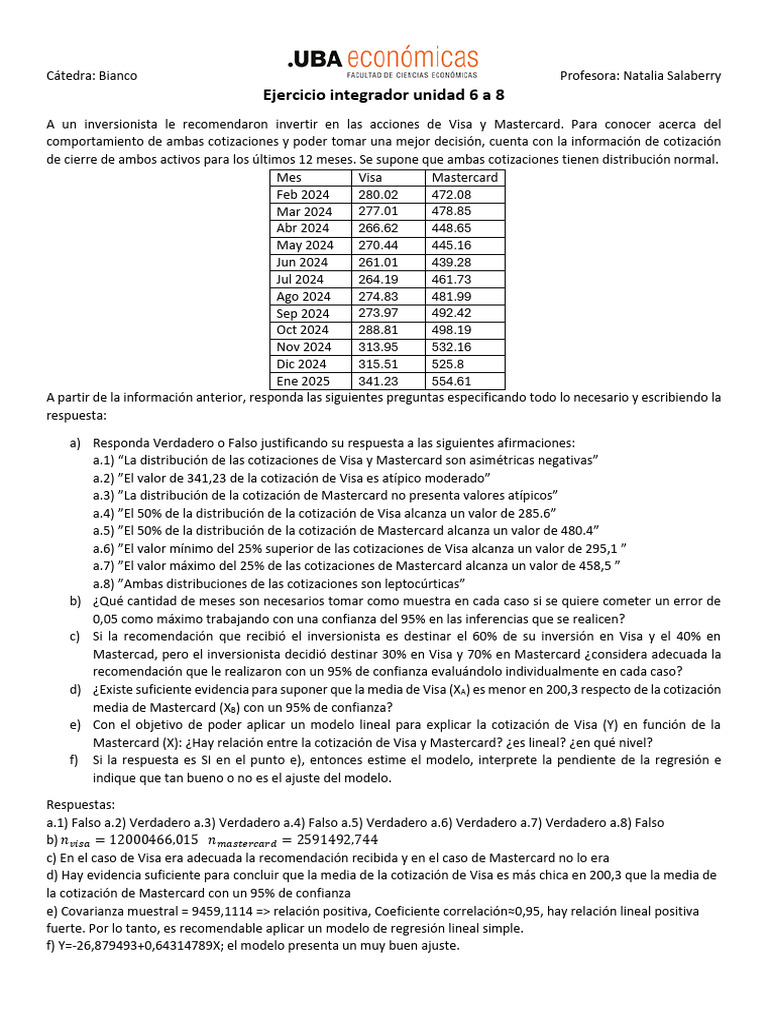Ejercicios Integrador - Unidad 5 A 8 | PDF | Teoría estadística | Análisis estadístico