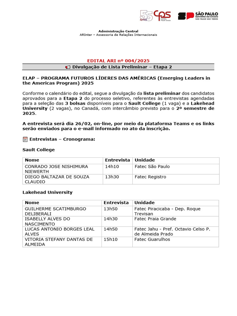 Etapa 2 Entrevistas Edital ELAP CANADA 2025 FATEC ARI 004 2025 1 | PDF